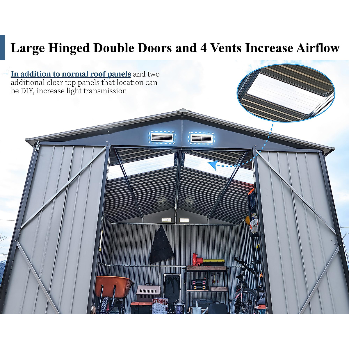 VanAcc 10x12x7.5 FT Outdoor Storage Shed, Metal shed with 2 Clear Panels Hinged Double Doors 4 Vents, Outdoor Shed for Backyard, Garden, Patio, Dark Grey/White