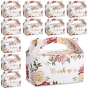 Xinnun 50 Pcs Thank You Treat Boxes Floral Design Gift Boxes Gable Boxes Party Favor Boxes for Tea Party, Mother's Day, Wedding