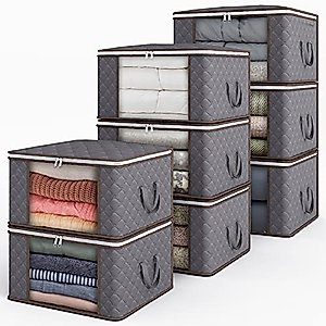 Fixwal 8 Pack Blanket Storage Bags Foldable Clothing Storage with Reinforced Handles Sturdy Zippers Storage Containers for Clothes Pillow Dorm Bedroom, 60L, Gray