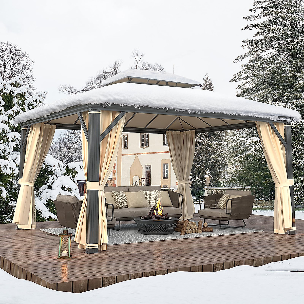 YOLENY 12'x14' Hardtop Gazebo, Permanent Outdoor Aluminum Patio Gazebo with Aluminum Composite Double Roof for Patio Lawn and Garden, Curtains and Netting Included