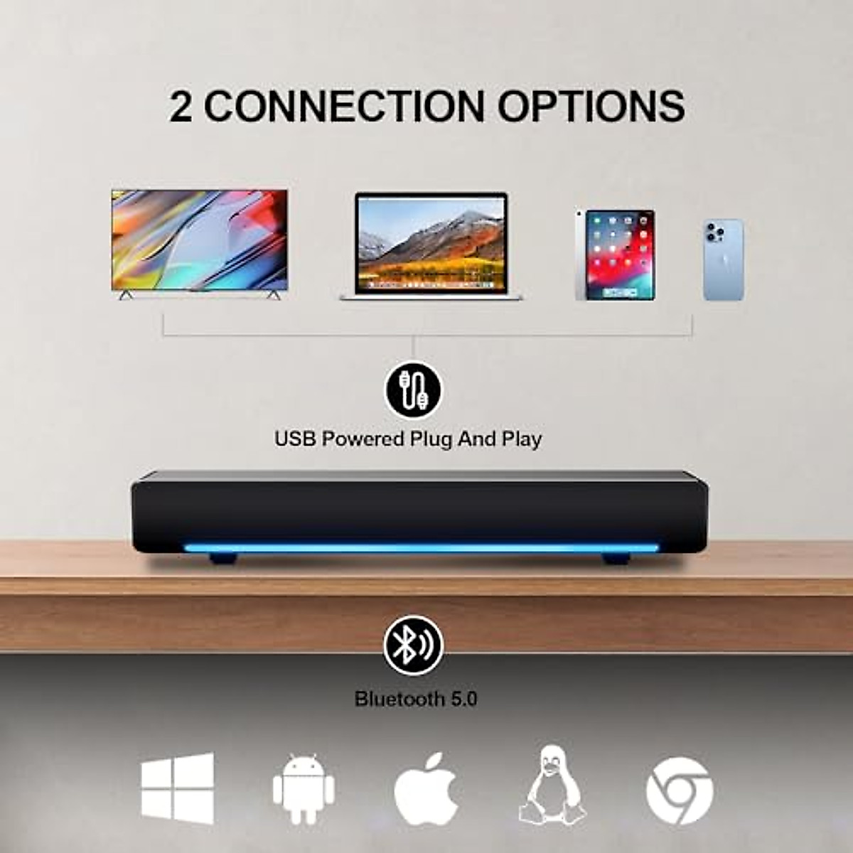 MARBOO Computer PC Bluetooth Soundbar Speakers Wireless USB Powered Laptop Desktop Monitor Speakers for PC Smartphone Ipad Tablet-Lighting Control-Switch Power On/Off