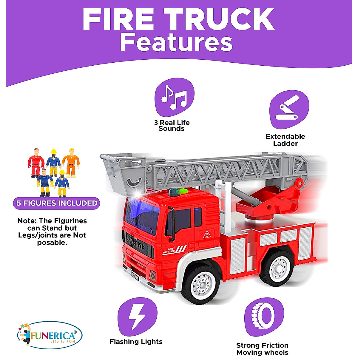 FUNERICA Compact Fire Truck Toy Set with Fireman Play Figures - Lights and Sounds, Friction Wheels - Perfect Firetruck Toys for 3 Year Old Boys and Toddlers