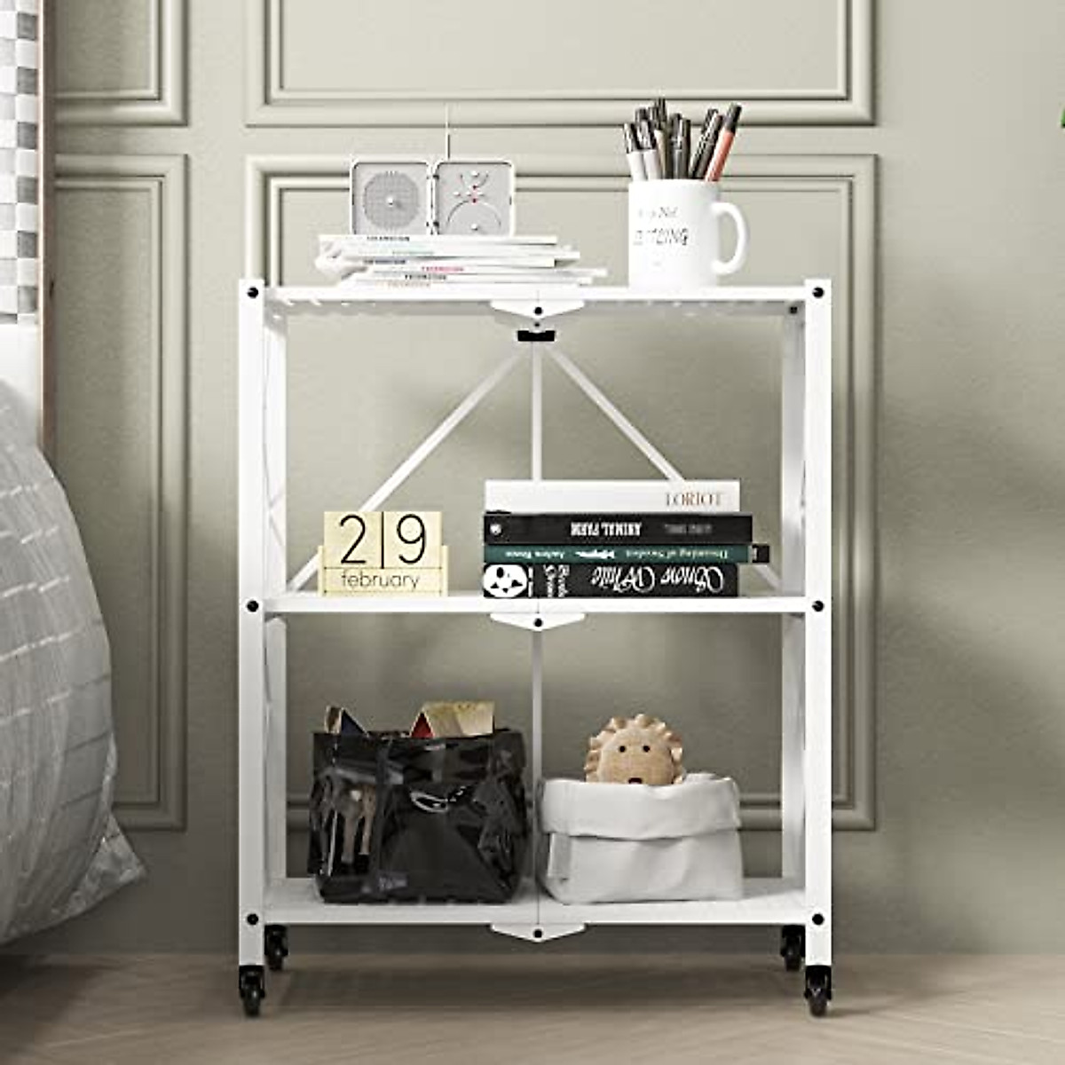 SogeHome 3-Tier Foldable Storage Shelf, Movable Metal Rack Cart, Home Display Shelf with Rolling Wheels for Kitchen, Living-Room, Bathroom, Bedroom, White