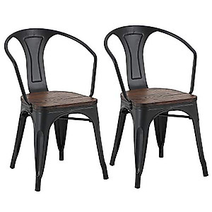 LSSBOUGHT Tolix Style Metal Dining Chair Indoor-Outdoor Use Kitchen Chairs Stackable Arm Chairs Set of 2 (Black)