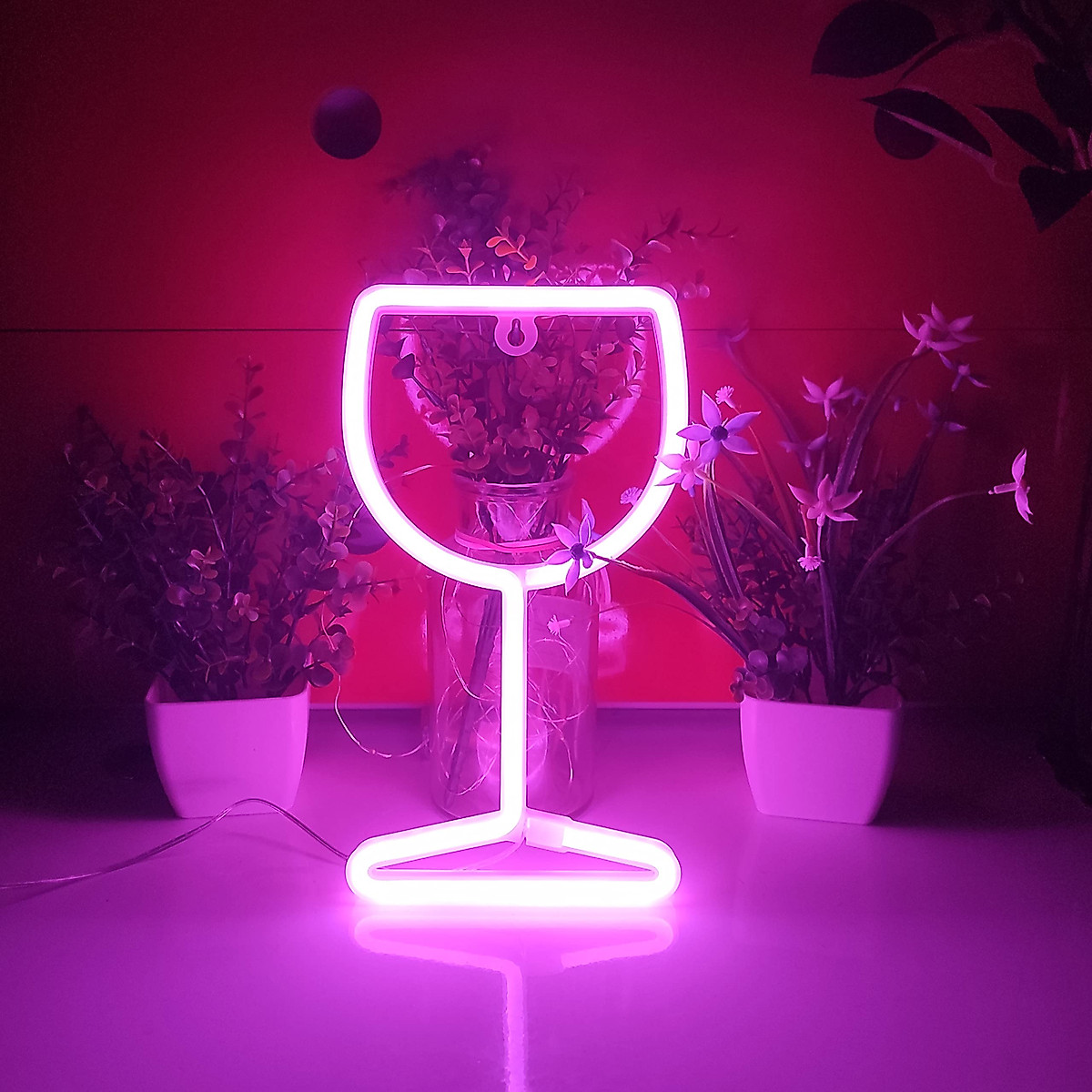 JYWJ Wine Glass Neon Sign,USB or 3-AA Battery Powered Neon Light,LED Table Decoration,Bedroom Wall Decoration,Birthday Gift,Wedding Supplies Business Gift(Pink)
