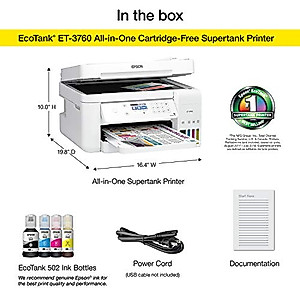 Epson EcoTank ET-3760 Wireless Color All-in-One Cartridge-Free Supertank Printer with Scanner, Copier and Ethernet, Regular