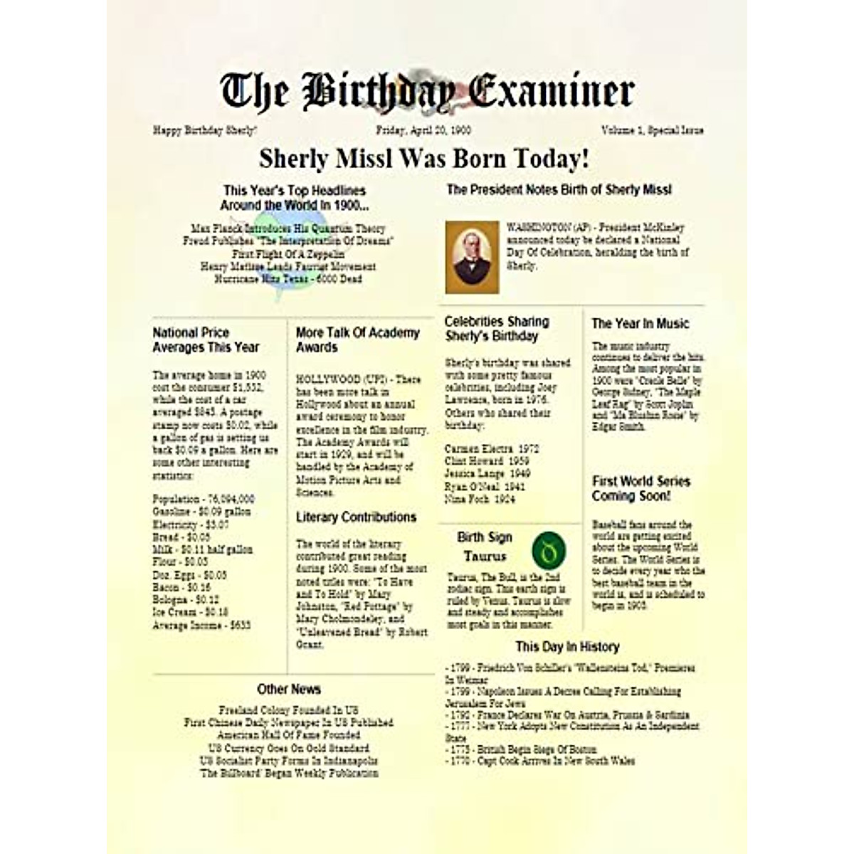 Historical Customized Personal Birthday Examiner Newspaper Chronical Art Print for the Day You Were Born from 1900 to 2020 (Heavenly Light)