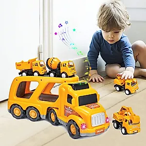 Kids Construction Trucks Toys for 3 4 5 6 Years Old Toddlers Kids, Car Toys Set with Sound and Light, Toy Vehicles in Friction Powered Carrier Truck, Christmas Birthday Gifts for Boys and Girls
