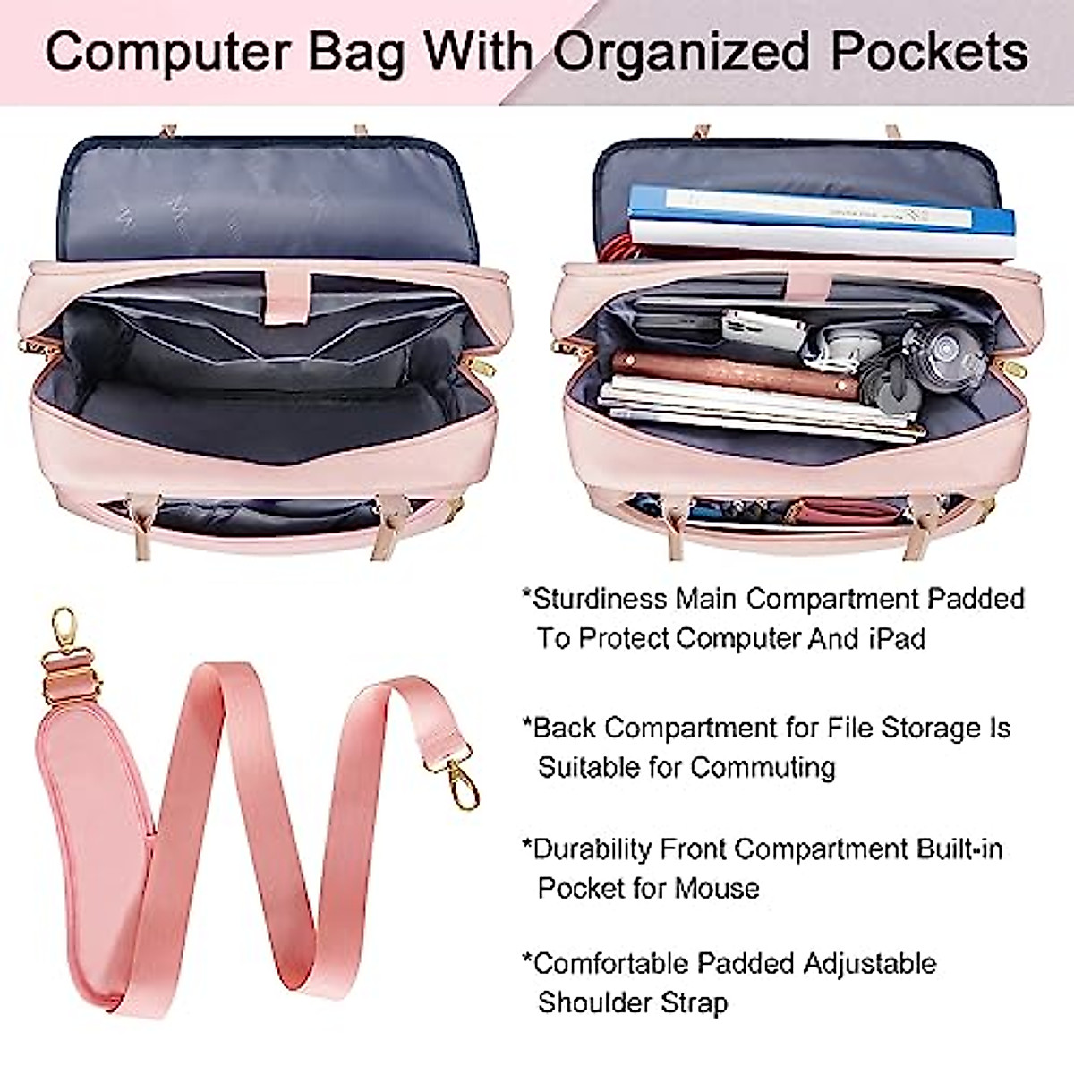 Laptop Bag for Women, 15.6 inch Computer Briefcase Sleeve Case, Large Water-resistant Cute Messenger Work Tote Bible Bag with Crossbody Shoulder Strap Gift for Office Travel Business College, Pink