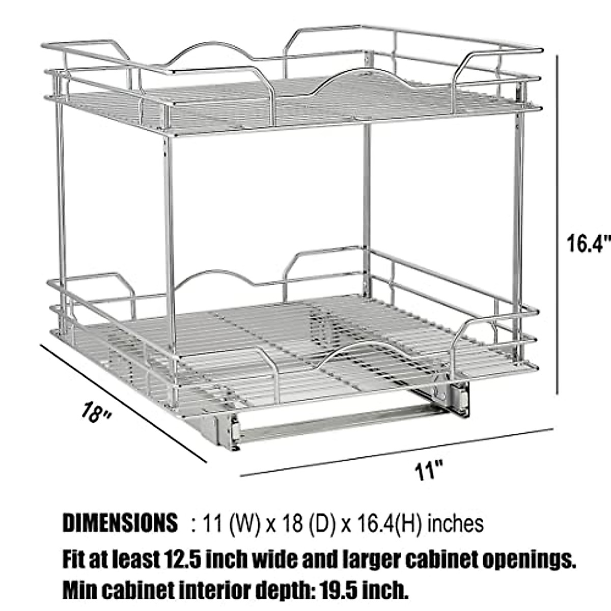 OCG Pull Out Cabinet Shelves 11" W x 18" D, 2 Tier Slide Out Cabinet Organizer, Sliding Drawer for Cabinet, Chrome Plated
