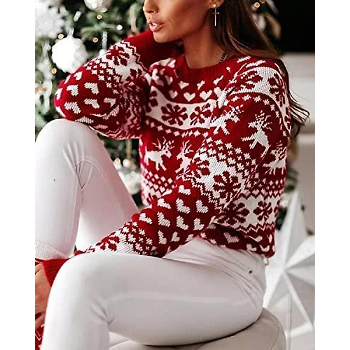 ZAFUL Women's Christmas Reindeer Xmas Snowflake Patterns Knitted Sweater Long Sleeve Elk Floral Printed Pullover