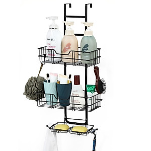 Over The Door Shower Caddy, Hanging Storage Rack, Shower Basket with Suction Cup, Over Door Bathroom Shower organizer Hanging with Hooks and Soap Holder, No Drilling (3-Layer, Black)