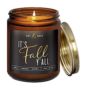Fall Candles - 'It's Fall Yall' Fall Candle w/Apple Cinnamon & Nutmeg I Infused with Essential Oils I Autumn Fall Scented Candles I Cozy Cute Fall Décor Fall Gifts I 9oz Jar I 50Hr Burn I Made in USA
