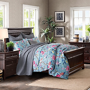 Eikei Botanical Garden Duvet Cover Washed Brushed 100-percent Cotton Bedding Set Asian Chinoiserie Print Colorful Tropical Tree Branches and Birds Floral Pattern (Queen, Blue Dusk)