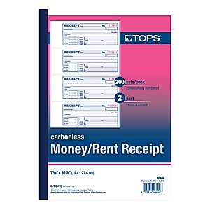 TOPS Money/Rent Receipt Book, 2-Part, Carbonless, 11 x 7-5/8 Inches, 4 Receipts/Page, 200 Sets per Book (46806)