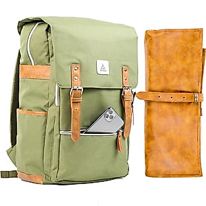 Chef Knife Bag with Leather Knife Roll Holds 10 Knives-Travel Friendly Tool bag backpack with USB Charging Port- Ample Storage Knife Carrying Case w/Back Pocket for Laptop-Sturdy & Stylish Chef Bag