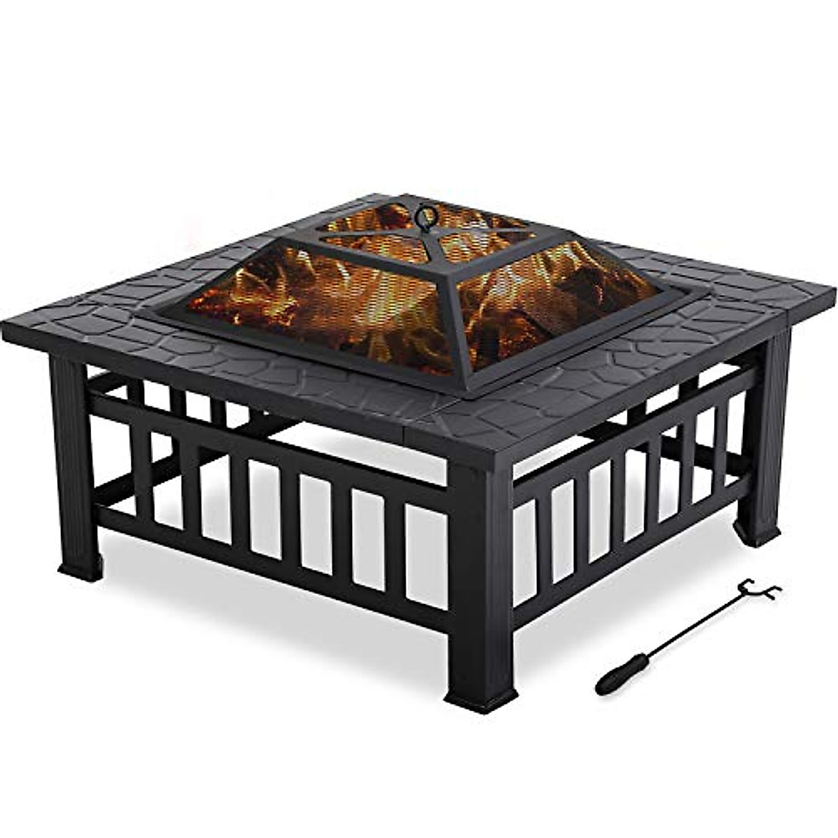 Vnewone 32'' Outdoor Fire Pit Metal Square Firepit Patio Stove Wood Burning for Backyard Garden Camping Picnic Bonfire with Spark Screen Cover, Log Grate, Poker,32" L32 W 14”, Black