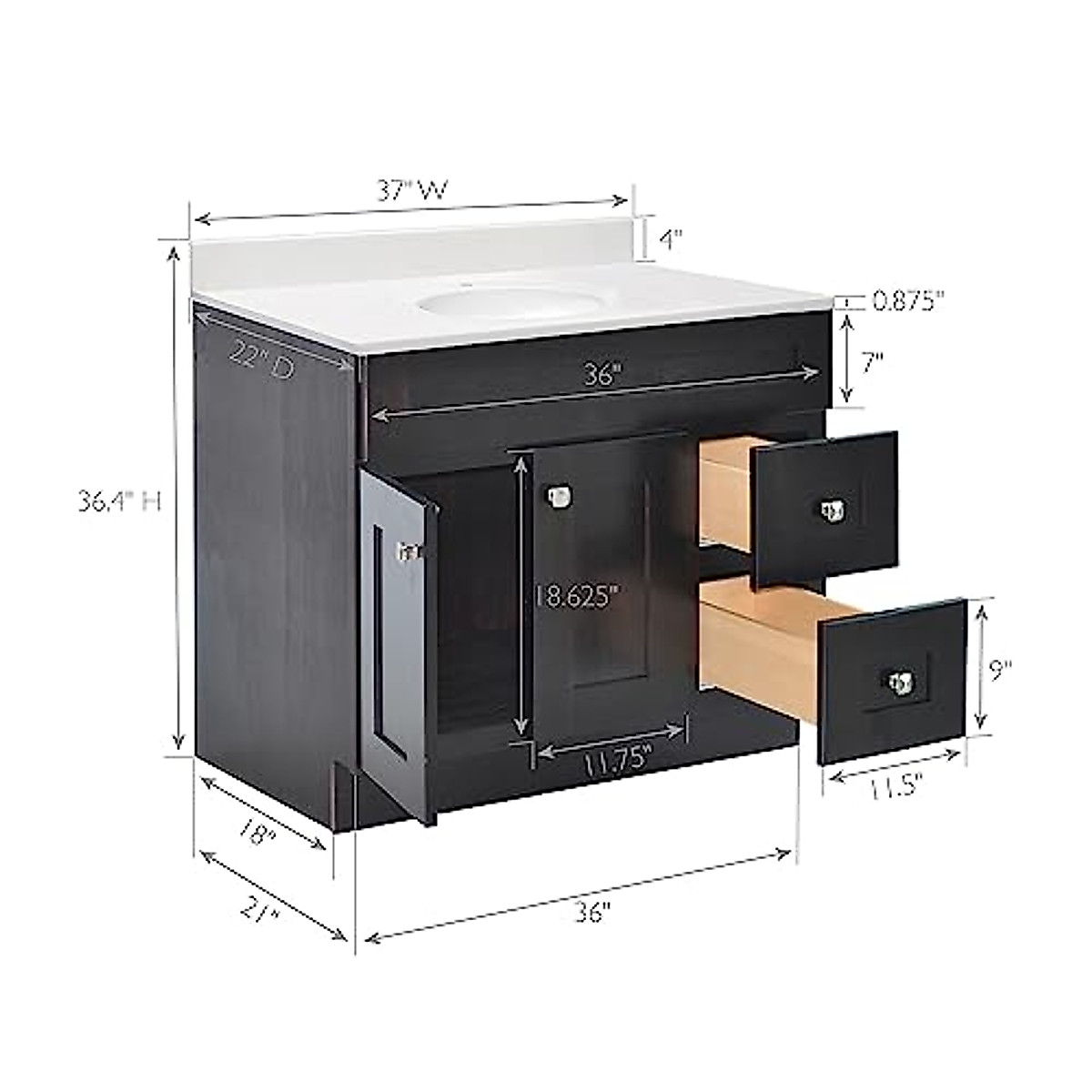 Design House Brookings 37 Inch Bathroom Vanity with Cultured Marble Vanity Top - Unassembled Bathroom Vanity with Sink, Espresso