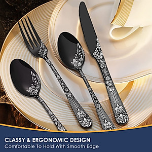 EUIRIO 24-Piece Black Silverware Set with Steak Knives, Black Flatware Set for 4, Stainless Steel Mirror Cutlery Set, Spoons Forks Knives Set with Unique Floral Laser, Eating Utensils, Dishwasher Safe