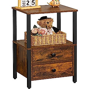 Lerliuo Nightstand, Brown Bedside Table, Small Night Stand with 2 Drawers and Open Shelf, Wood End Table with Storage, Vintage Nightstands, Side Table for Bedroom, Living Room, Dorm - Retro Brown