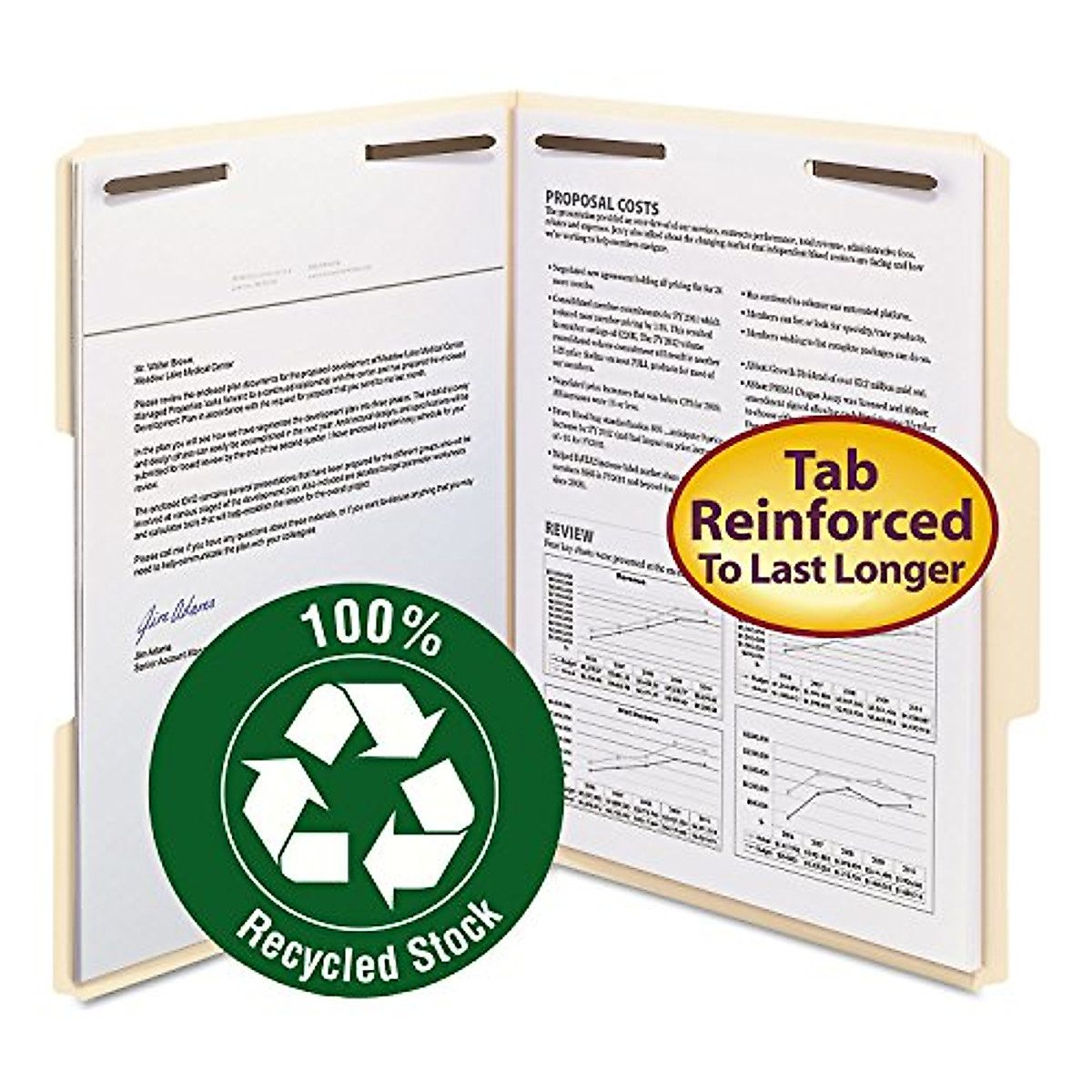 Smead 100% Recycled Fastener File Folder, 2 Fasteners, Reinforced 1/3-Cut Tab, Letter Size, Manila, 50 per Box (14547)