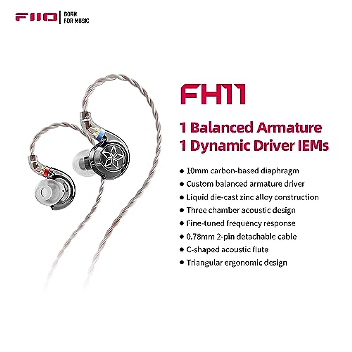 FiiO FH11 HiFi 1DD+1BA Hybrid Driver in-Ear IEM Earphone with Detachable 0.78 2Pin Cable HiFi Stereo Wired Earbuds for Musician/Audiophile