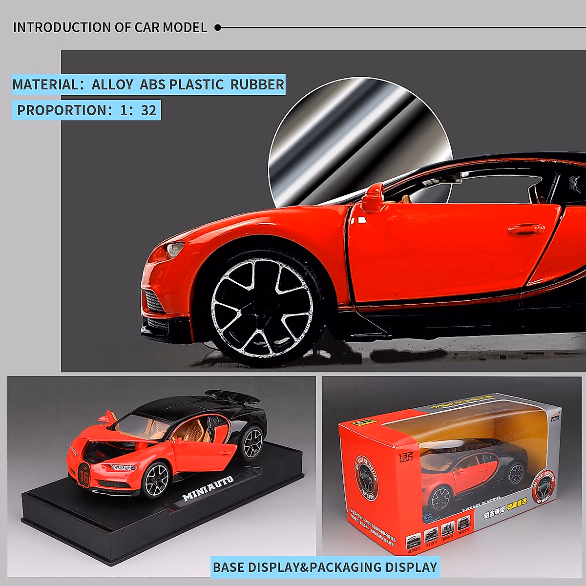 1:32 Bugatti Chiron zinc Alloy Pull Back Car Diecast Electronic Toys with Lights and Music,Decorative,Mini Vehicles Toys for Kids,Boyfriend,Young Peoples Gift（red）