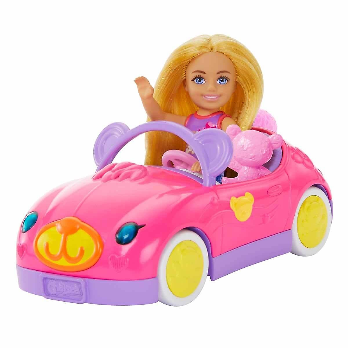 Barbie Chelsea Toy Car Set with Bear-Themed Convertible & Teddy Bear Accessory, Blonde Small Doll Wears Removable Skirt & Shoes