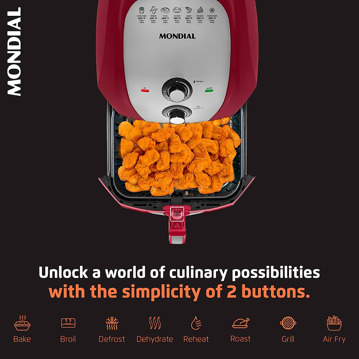 MONDIAL Air Fryer - 8.6 Quart Extra-Large Air Fryer, 2 Simple Dial Controls, 1800 Watts - Quick Heat Circulation Technology, Low Fat Cooking Less Calories - Removable Squared Basket - Red