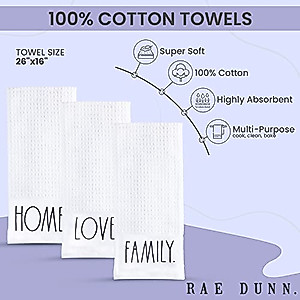 Rae Dunn Set of 3 Hand Towels for Kitchen and Bathroom, 100% Cotton, Embroidered White Dish Towels Embroidered Family, Home, Love 16 inches x 26 inches Decorative Hand Towels