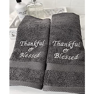 Liberty21 Embroidered Hand Towels with Inspirational Message: Thankful & Blessed (1 Set of 2 Hand Towels) for Bathroom, Kitchen or Spa. (Dark Grey)