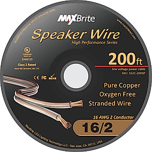 High Performance 16 Gauge Speaker Wire, Oxygen Free Pure Copper - UL Listed Class 2 (200 Feet Spool)