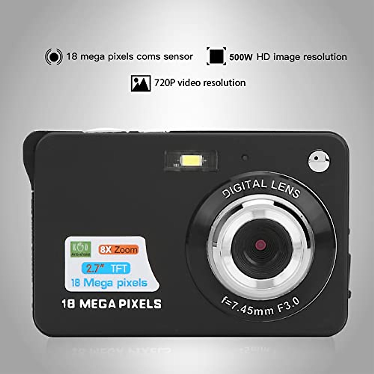 Nofaner Digital Camera, 8X Zoom Card Digital Camera 5 MP 2.7in LCD Display Maximum Support 32GB Memory Card Builtin Microphone Mini Digital Camera(Black)