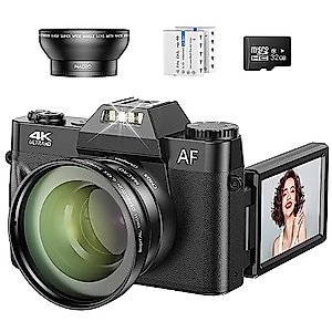 4K Vlogging Camera for YouTube, 48MP Digital Camera for Photography with 3”Flip Screen, 16x Digital Zoom and Video Autofocus Anti-Shake, Wide Angle Lens, Macro Lens, 2 Batteries, 32GB Micro SD Card