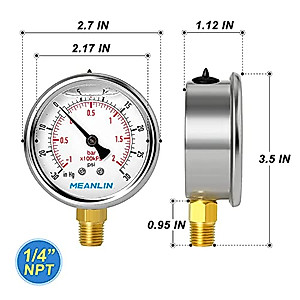 MEANLIN MEASURE -30~30Psi Stainless Steel 1/4" NPT 2.5" FACE DIAL,Vacuum Pressure Gauge,Lower Mount, with 1/4" x 1/2" NPT and 1/4" x 3/8" NPT Hex Bushing