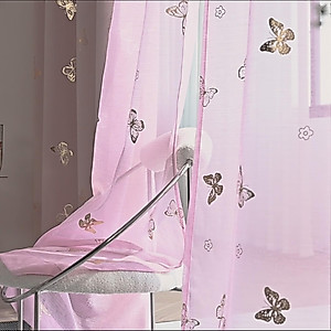 Jubilantex Pink Butterfly Sheer Curtains Gold Print Drapes for Baby Girls Nursery, Kids Bedroom 63 Inch Length Toddler Linen Textured Curtain Rod Pocket Window Treatment Sets, 2 Panels