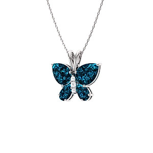 Diamondere Natural and Certified London Blue Topaz and Diamond Butterfly Petite Necklace in 14k White Gold | 1.11 Carat Pendant with Chain