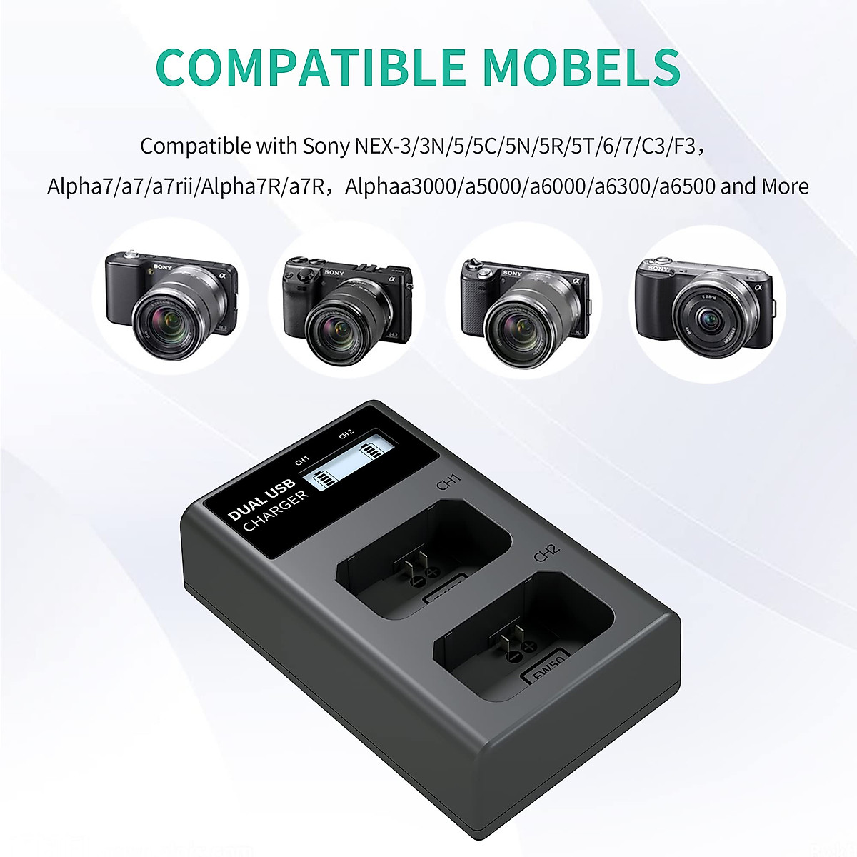 NP-FW50 Battery Charger, LCD Dual Charger Compatible with Sony Alpha A6000, A6400, A6100, A6300, A6500, A5100, A7, A7 II, A7R, A7R II, A7R2, A7S, A7S II, A7S2, A5000, A3000, RX10, NEX-3/5/7 Series