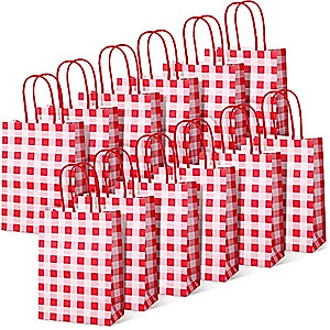 50 Pieces Gingham Kraft Paper Gift Bags with Handles Buffalo Plaid Goodies Bags Red and White Paper Bags Present Party Favor Bags for Wedding Christmas Birthday Party Supplies, 5.91 x 8.27 x 3.15 Inch