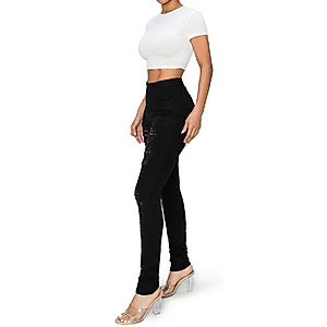 2LUV Women Junior Stretchy Mid Rise 5 Pocket Ripped Destroyed Ripped Skinny Jegging Jeans Back to School Clothing Apparel Black 5