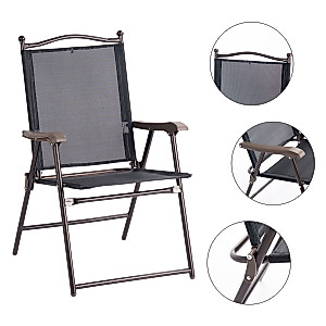 Giantex Set of 2 Patio Folding Chairs, Sling Chairs, Indoor Outdoor Lawn Chairs, Camping Garden Pool Beach Yard Lounge Chairs w/Armrest, Patio Dining Chairs, Metal Frame No Assembly, Black