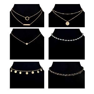 Ofeiyaa 12pcs Chain Gold Bead Necklace Coin Moon Star Pearl Pendant Chain Choker Multilayer Necklace Leather Cord Set for Women Men Gold Adjustable