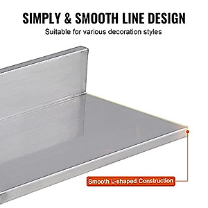 VEVOR 8.6" x 16" Stainless Steel Shelf, Wall Mounted Floating Shelving with Backsplash, 44 lbs Load Capacity Commercial Shelves, Heavy Duty Storage Rack for Restaurant, Kitchen, Bar, Home, and Hotel