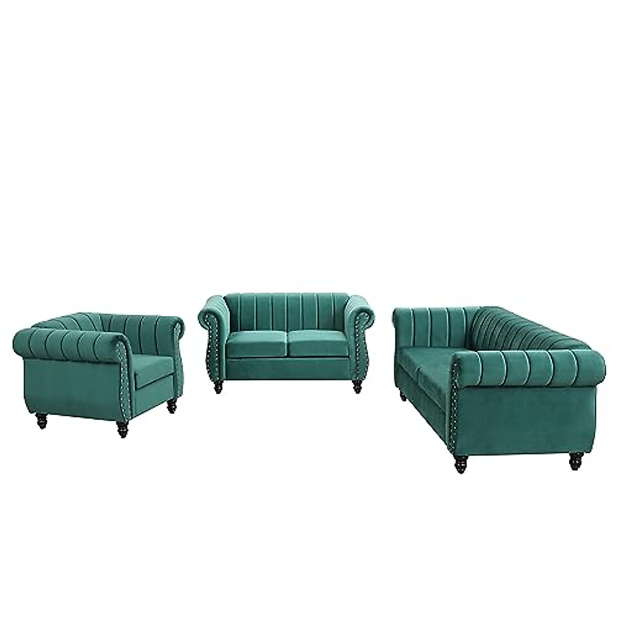 3-Piece Sofa Sets Living Room Sets with Solid Wood legs, Buttoned Tufted Backrest, Frosted Velvet Upholstered Couches Sets Including 3-Seat Sofa, Loveseat and Chair for Living Room (Green)