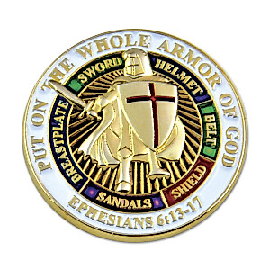 Knights Templar Put on the Whole Armor of God Round Masonic Lapel Pin - [White & Gold][1'' Diameter]
