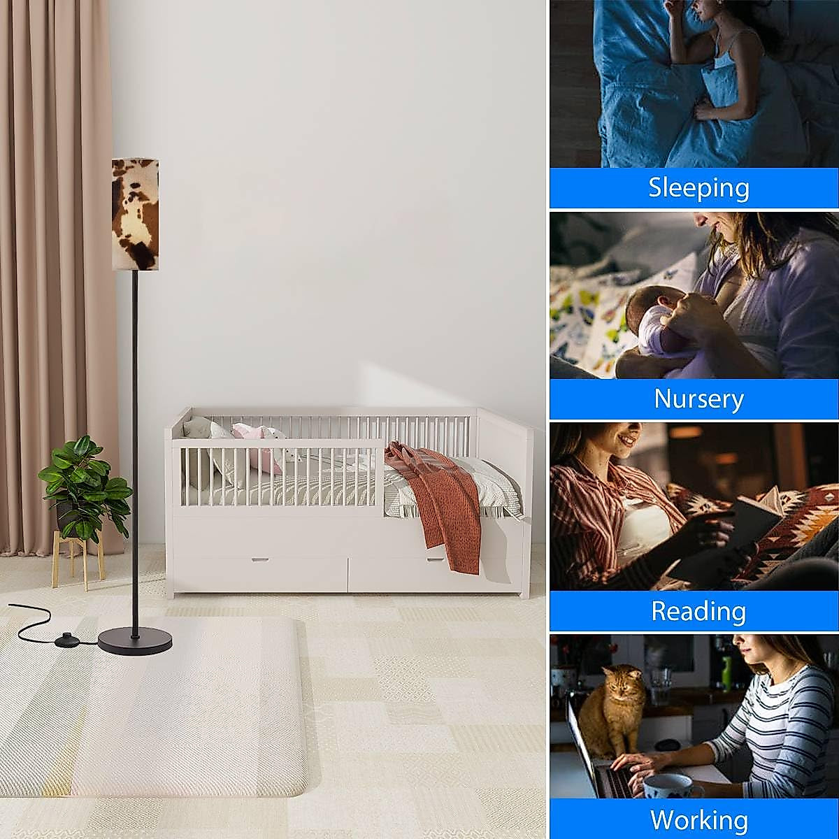 RZNTJHUINA Modern Standing Lamps Cow Skin Texture Country Farmhouse Floor Lamp Rustic Metal Pole Lamp with Linen Lampshade for Bedroom Living Room Office Nursery Reading Foot Switch Western Decor