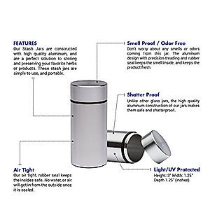 HIDE Stash Jar - Airtight Smell Proof Durable Multi-Use Portable Metal Herb Jar Container. Waterproof Aluminum Screw-top Lid Lock (Pack of 2, Silver)
