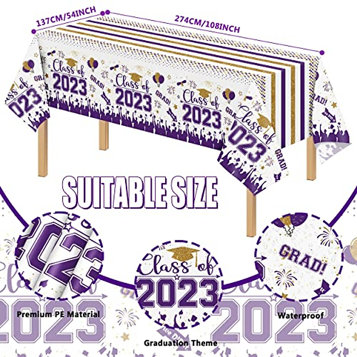 Erweicet Graduation Tablecloth 3Pcs, Graduation Party Decorations Supplies 2023 Class of 2023 Decorations Grad, We Did It Plastic Tablecloth Disposable, Purple Gold Graduation Table Cover -54"x108"
