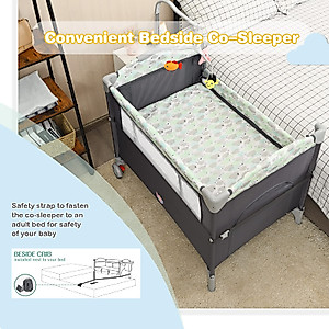 HONEY JOY Pack and Play with Bassinet, 5-in-1 Baby Bedside Sleeper w/Diaper Changing Table & Storage Bag, Toy Arch & Music Box, Detachable Side Rail, Portable Baby Play Yard w/Carry Bag(Gray)