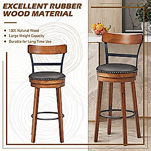COSTWAY Bar Stools Set of 2, 360-Degree Swivel Stools with Leather Padded Seat, Single Slat Ladder Back & Solid Rubber Wood Legs, Bar Height Stools for Pub, Restaurant, Kitchen, Brown (2, 30.5)